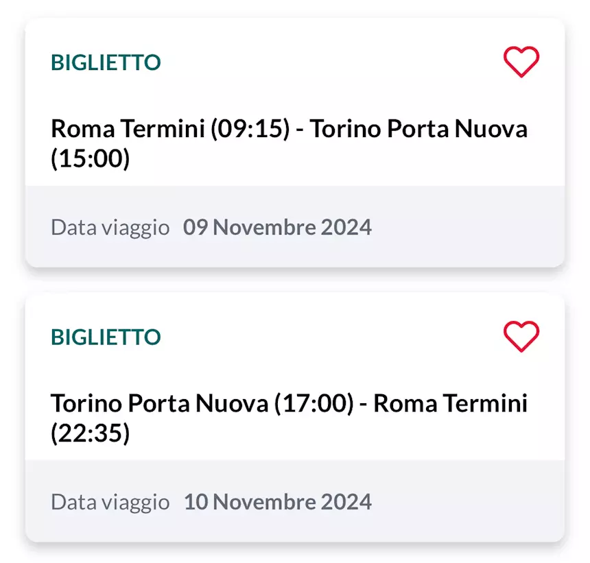 2 biglietti A/R Trenitalia Roma Torino 9-10 Novembre