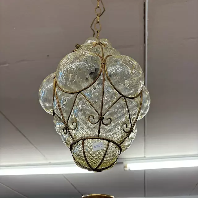 Lampadario Lanterna Liberty 1930 in vetro giallo e ferro - Viterbo